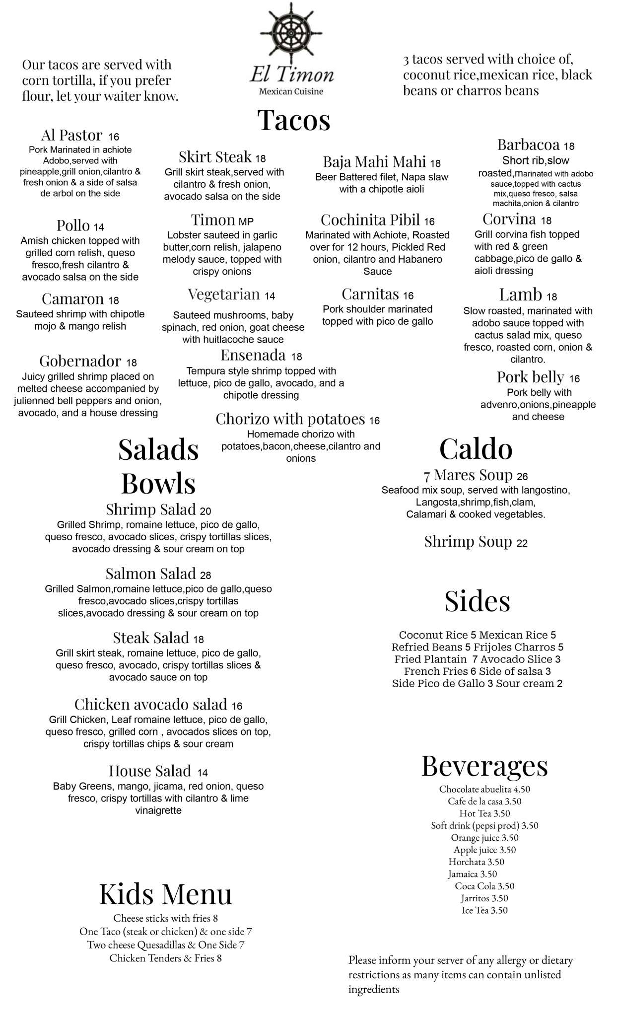 El TImons' Menu - El Timon Mexican Restaurant - Merrillville, IN